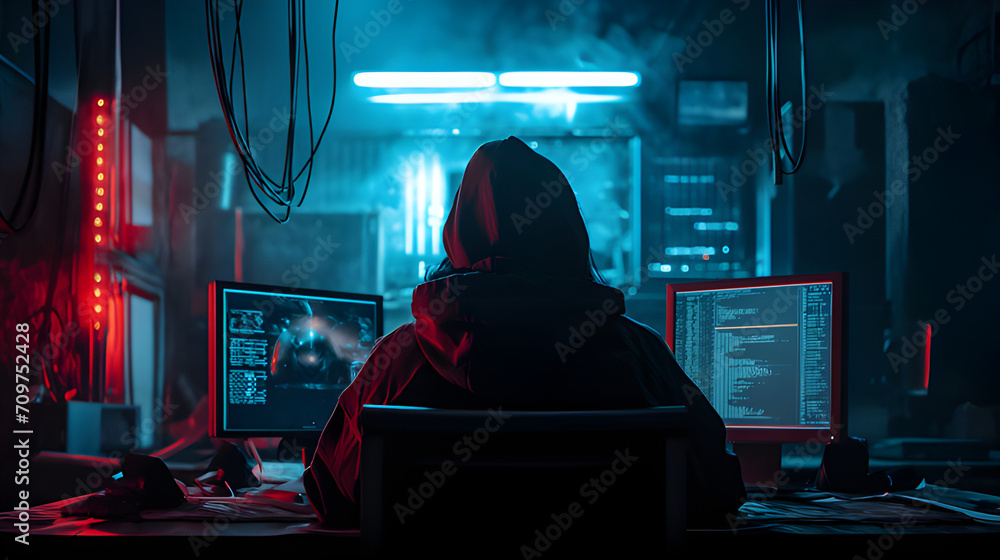 A hacker wearing a hoodie in a room full of computers. Cyber security. Hacking and cracking ...