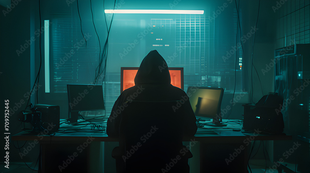 A hacker wearing a hoodie in a room full of computers. Cyber security. Hacking and cracking ...