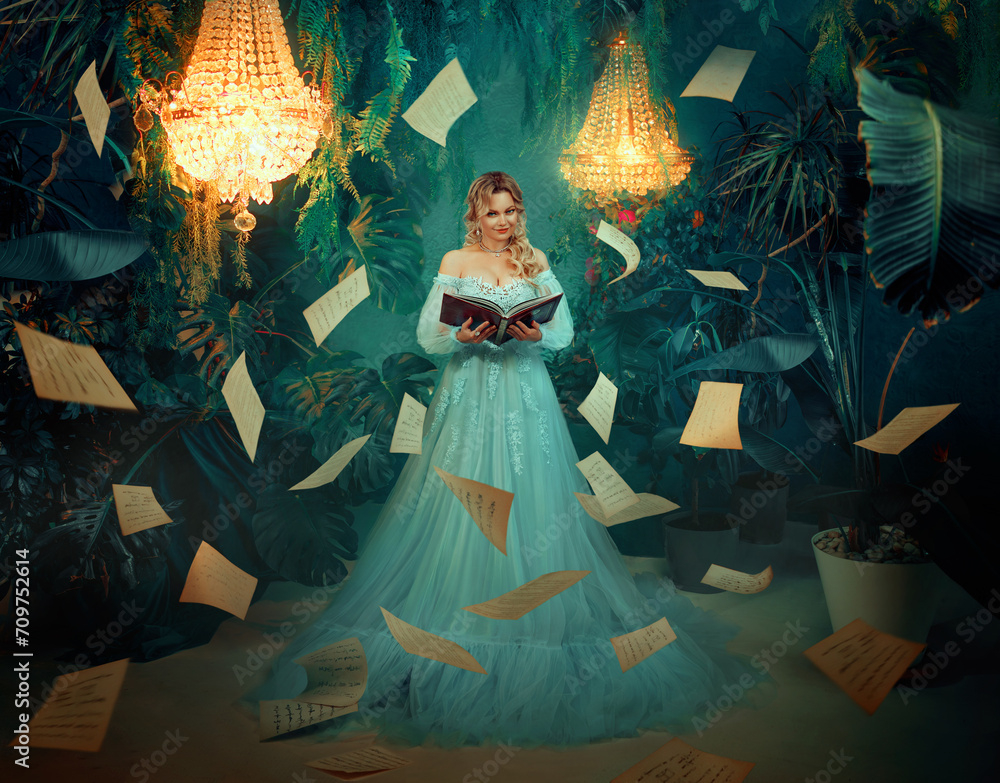 Art photo real person Fantasy woman magician holds in hands magic book ...
