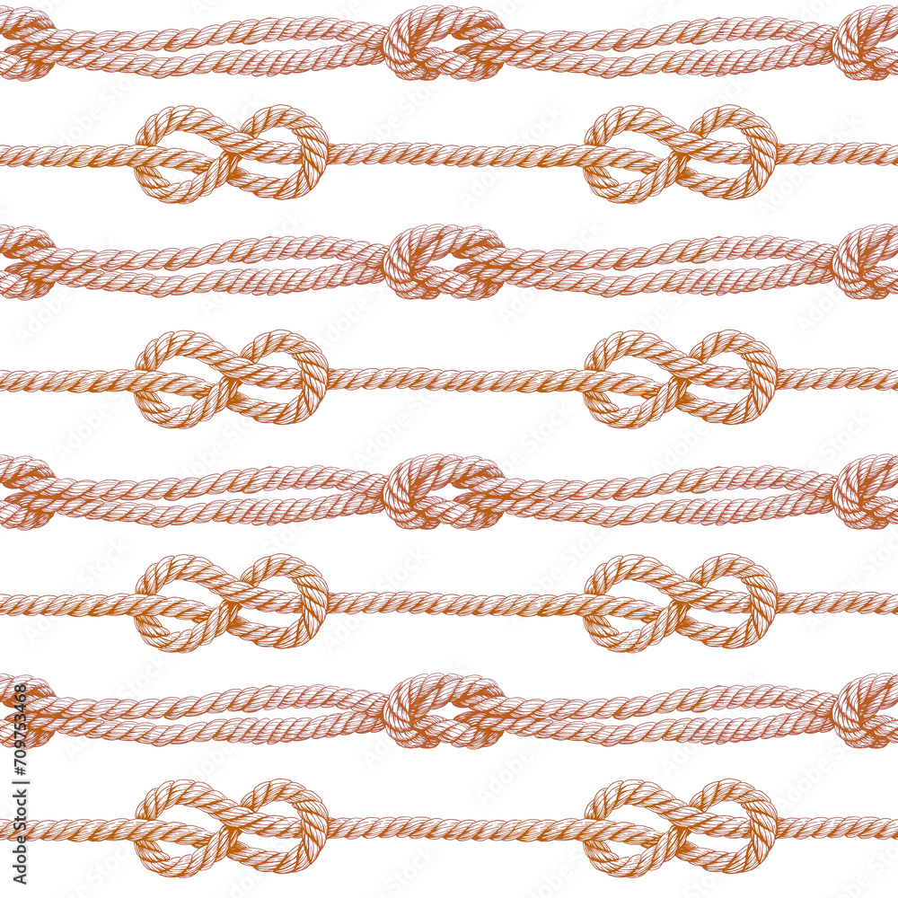 Seamless pattern of rope cords with knots eight knots. Hand drawn ...