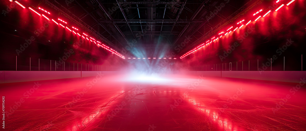Red Ice Rink Background. Professional Arena illuminated red neon lights ...