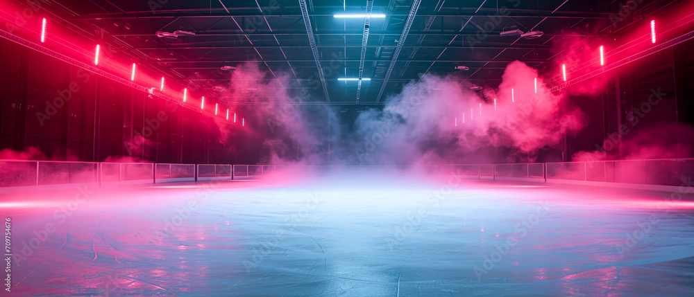 futuristic background with neon spotlights, smoke.Ice Rink.Professional ...