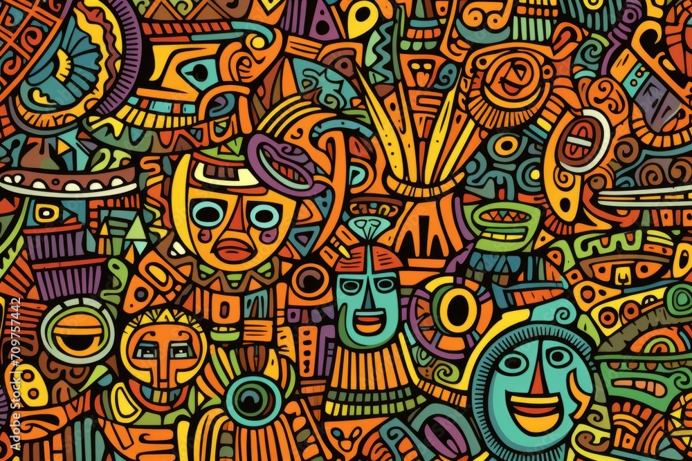 Cartoon cute doodles featuring African tribal symbols and patterns ...