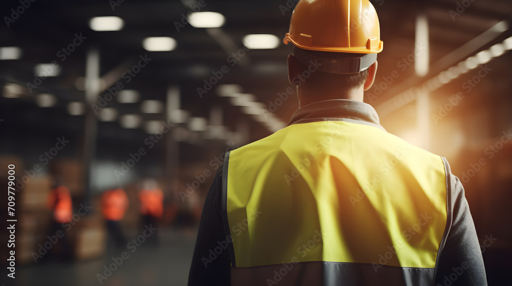 Back side a man worker wearing safety equipment, safety first, ready to ...