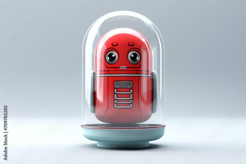 Cute character 3D image of front view of a capsule, half red, half ...