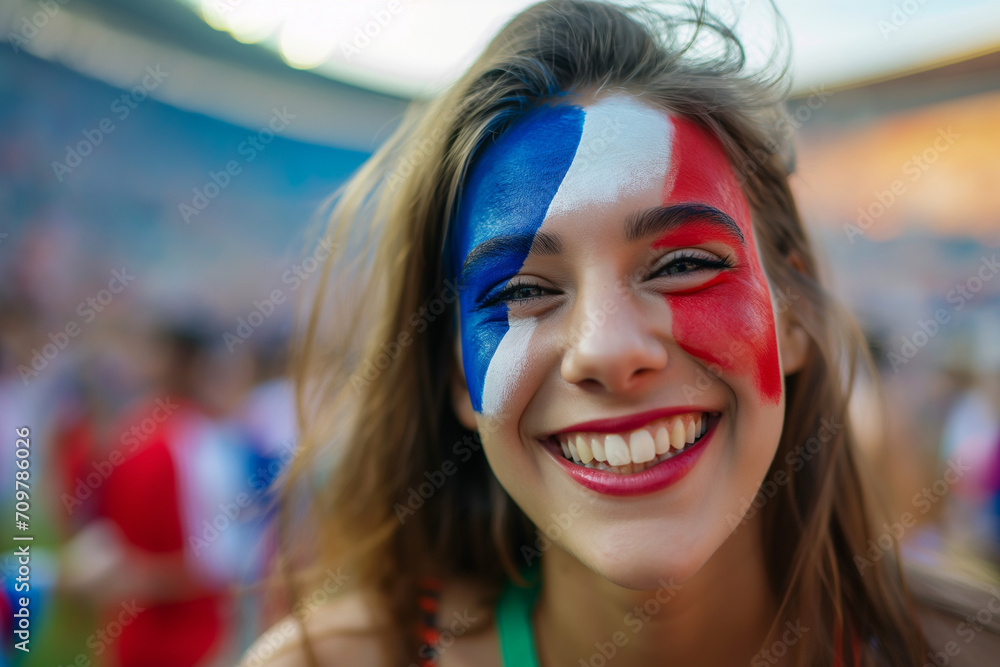 Excited Young French Football Fan Woman Cheering at European Soccer ...