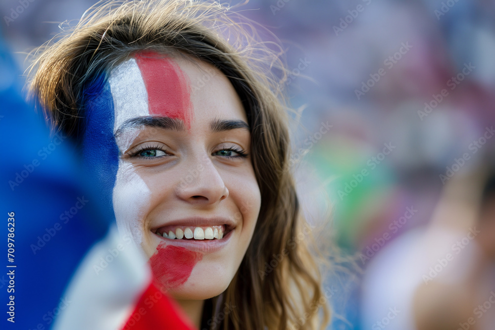 Excited Young French Football Fan Woman Cheering at European Soccer ...