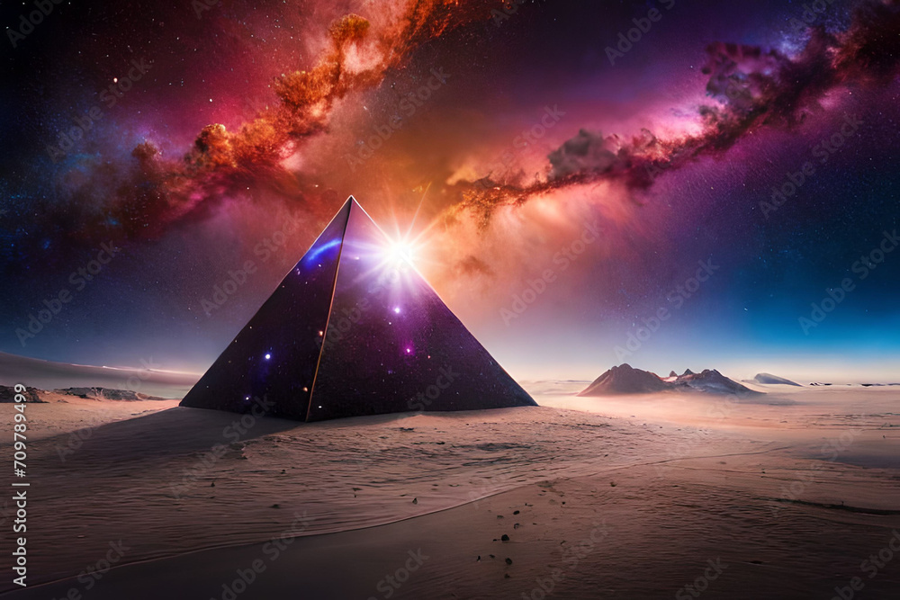 surreal outer space pyramid , glowing nebulas , spectacular planet ...