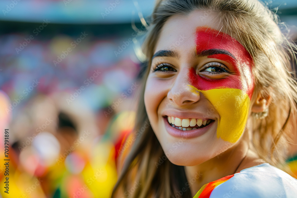 Excited Young Spanish Woman Fan Cheering at European Soccer Tournament ...