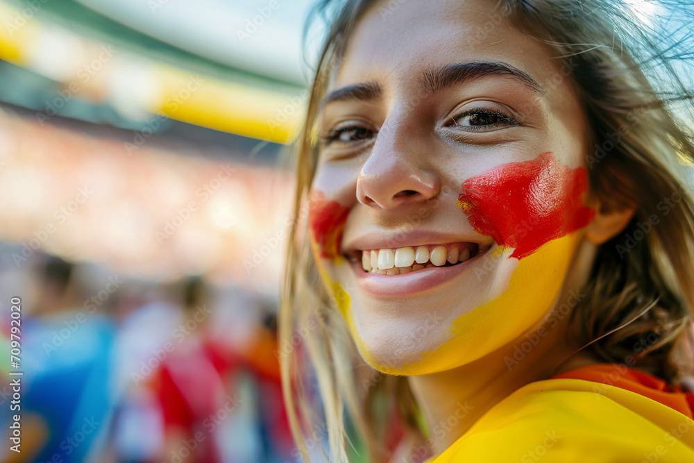 Excited Young Spanish Woman Fan Cheering at European Soccer Tournament ...