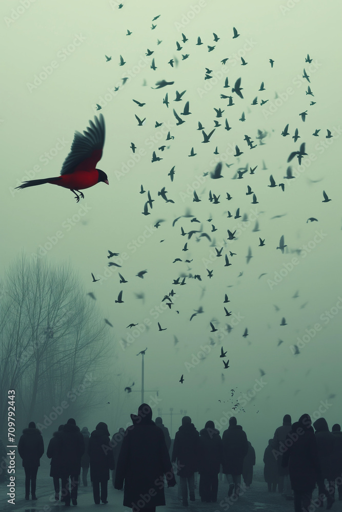 Flock of birds takes flight in the misty atmosphere, their dark ...