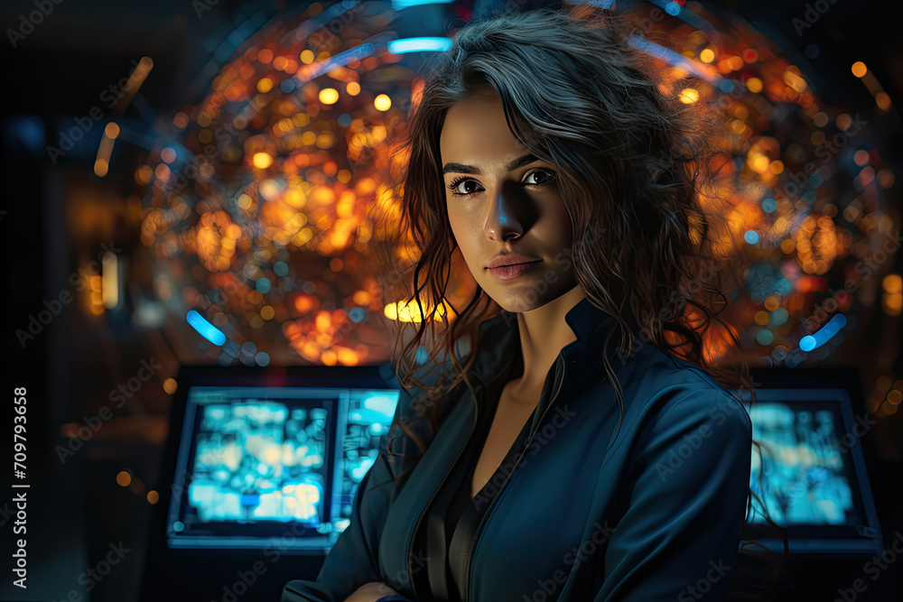 Government spy woman with brown hair standing in front of two monitors ...