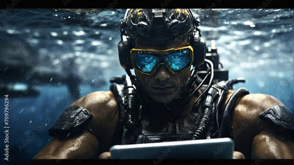 cyborg soldier fighting in underwater in ocean zone using weapon ...