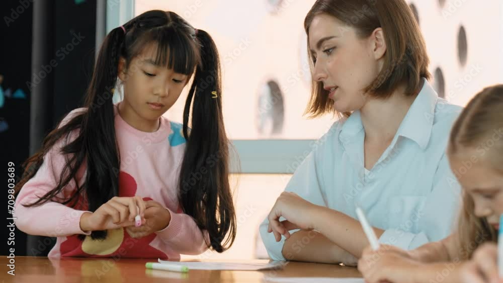 Panorama shot of happy diverse student and smart teacher drawing and ...