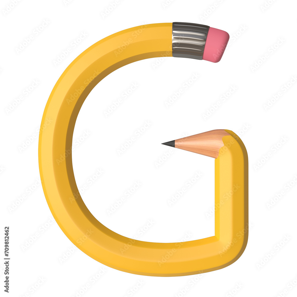 Realistic 3d rendering of the Alphabet letter G, pencil shape in yellow ...