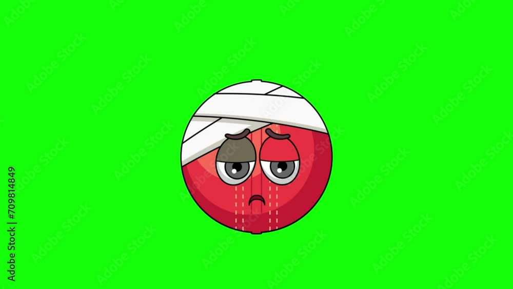 cricket ball emoticon face with head bandage, emoji loop animation ...