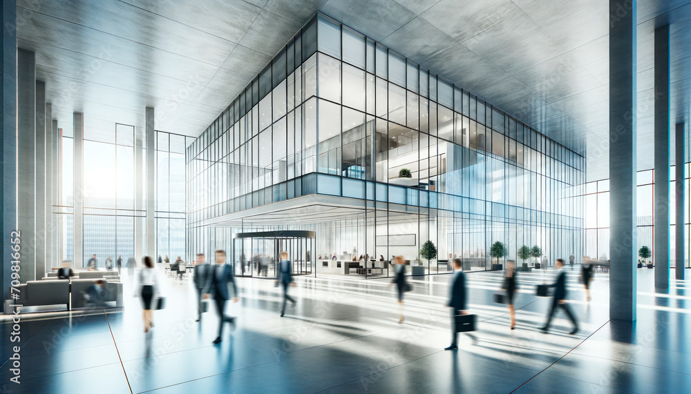 Spacious office interior with panoramic glass walls and bustling ...