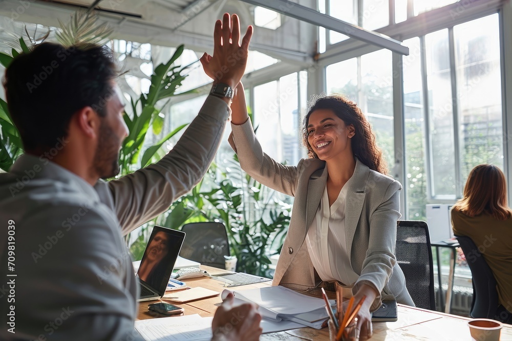 Happy young Indian woman worker giving male colleague high five ...