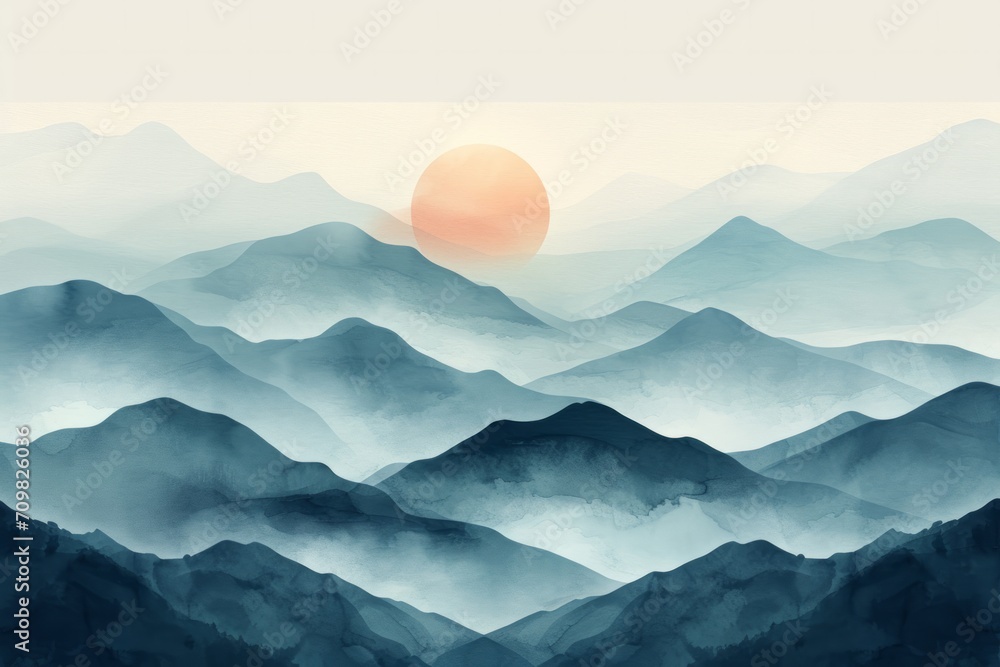 A serene watercolor painting of layered mountain ranges with a muted ...