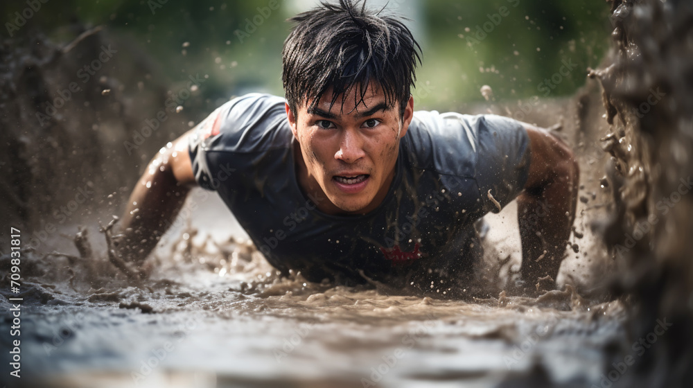 Closeup of strong athletic man crawling in wet muddy puddle in the rain ...