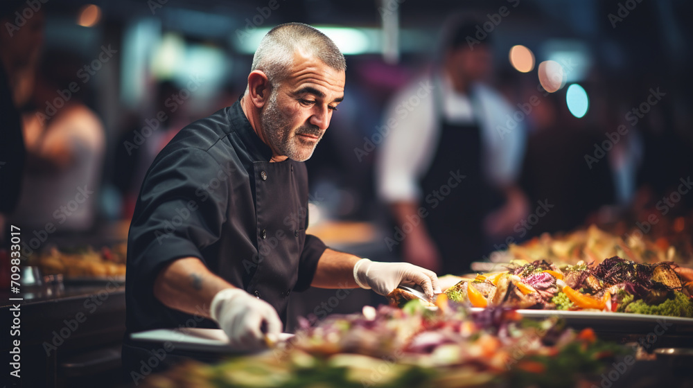 Professional cook in uniform add some spices to dish, decorating ...