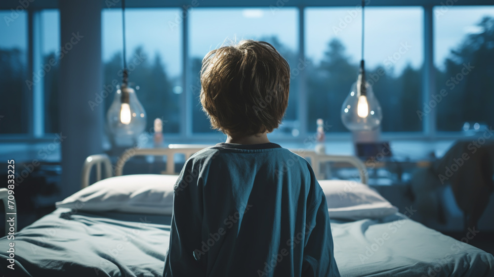 Back view of kid patient sitting on hospital bed looking out of window ...