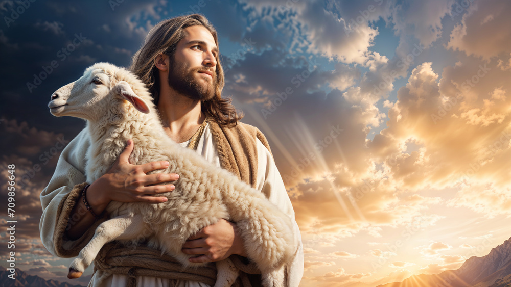 Jesus Christ holding a lost sheep, carrying a sheep in his arms ...