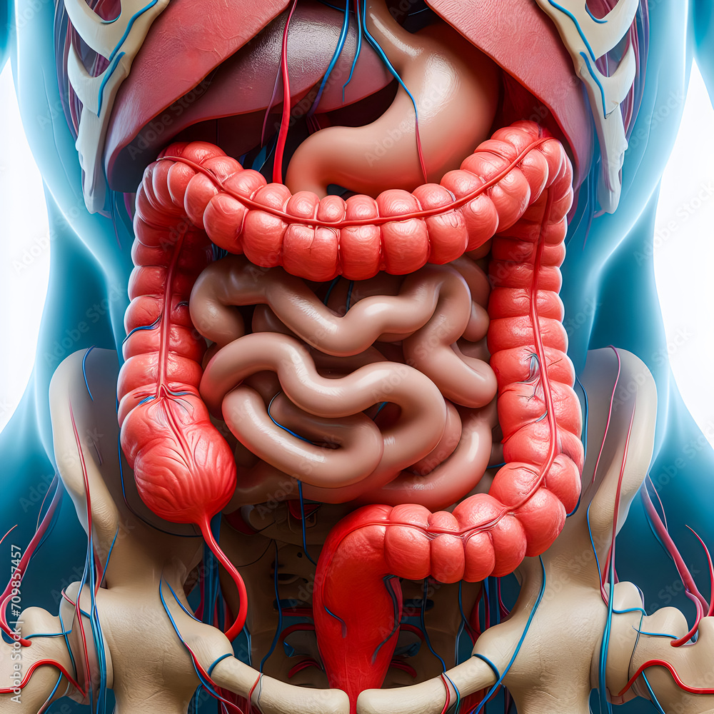 The illustration shows the anatomy of the human digestive system that ...
