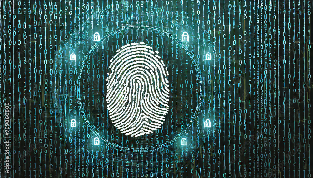 Fingerprint with padlock icon made with binary code. Personal Data ...
