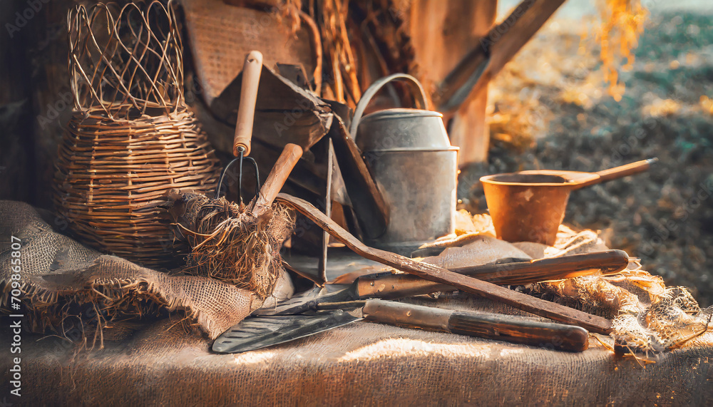 Rustic still life with farm tools. Warm tones, rural details ...