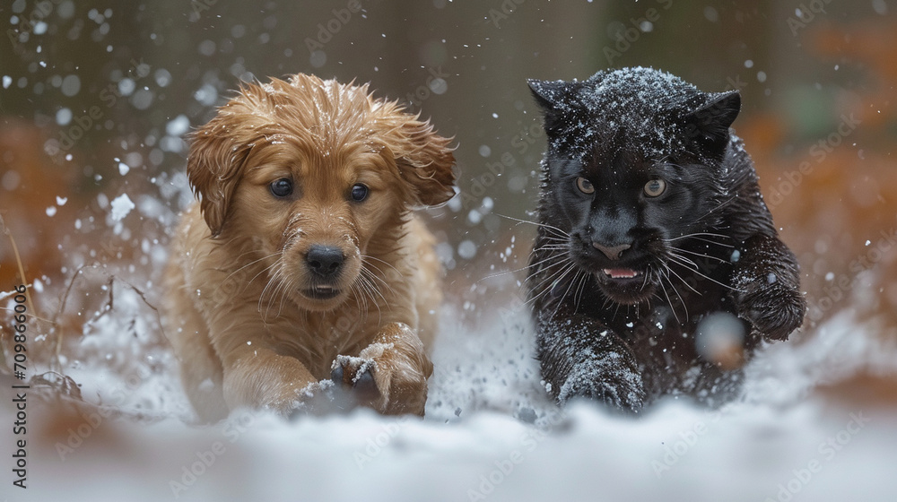 A whimsical moment of a retriever and a black puma sharing a snowy hill ...