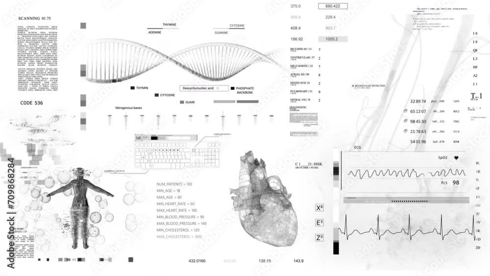 Medical HUD.Heard rate monitor. White background.Sceleton MRI x ray ...