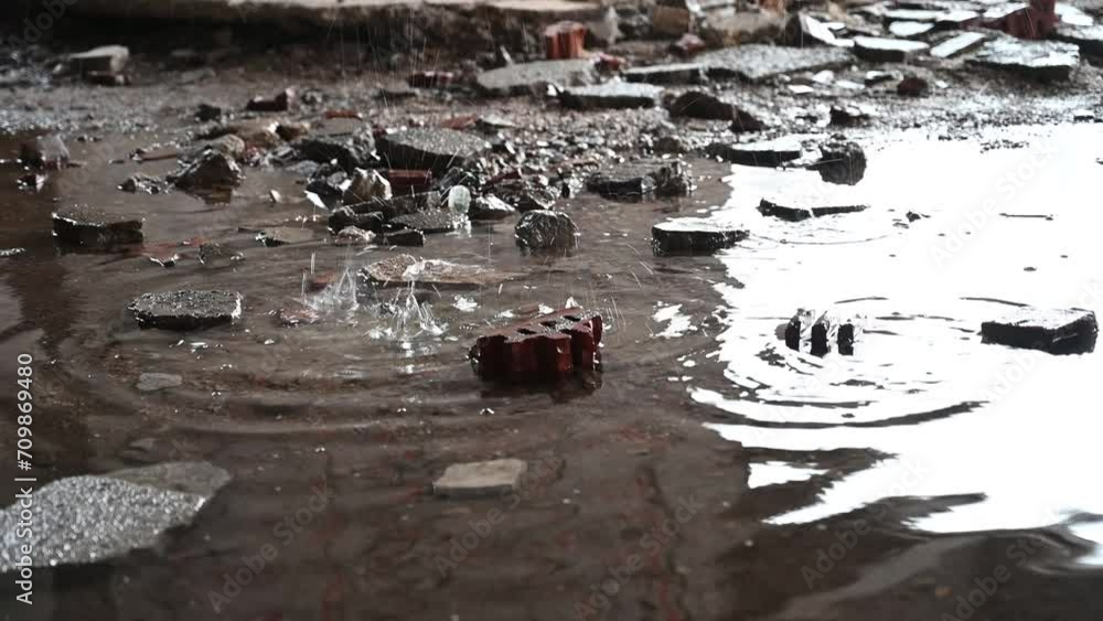 Drops of water fall into a puddle. Dripping water. Wall debris in ...