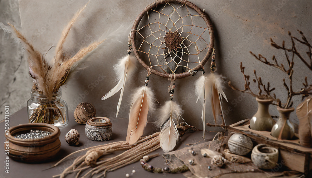 Bohemian still life with dreamcatchers. Earthy tones, ethereal details ...