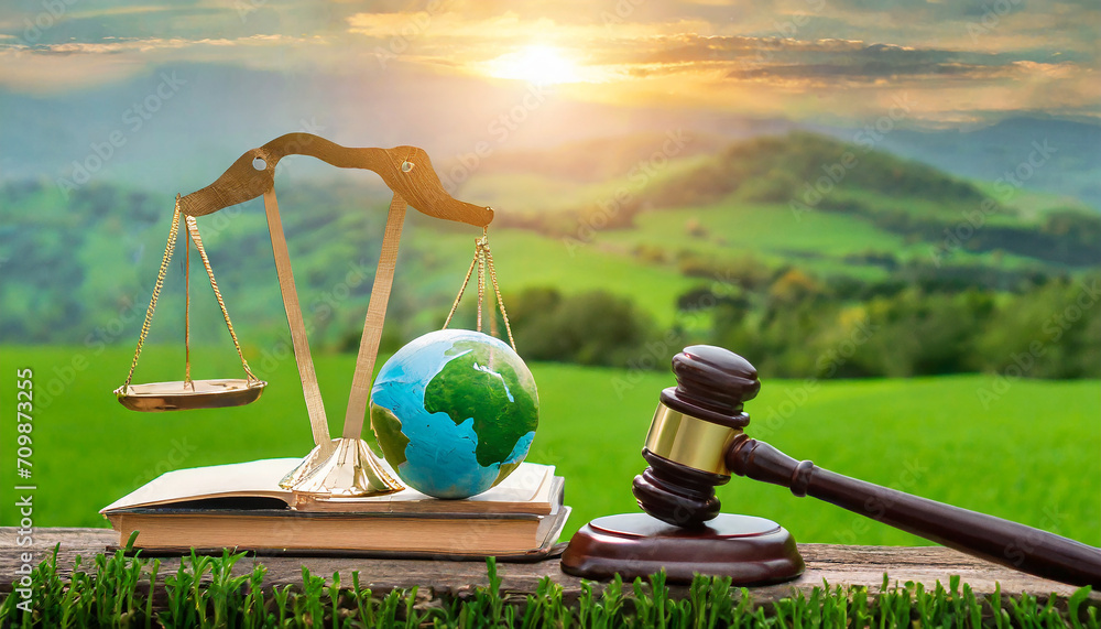 Environment Law. Green World and gavel with scales of justice on the green. law for principles ...