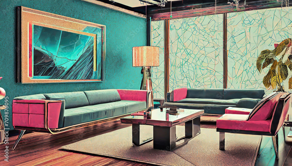 Retro-futuristic living room with eclectic seating and a futuristic ...