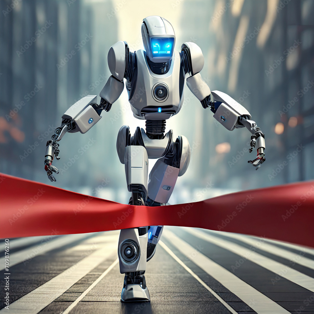 Robot crosses the finish line, finishing red ribbon. Concept of ...