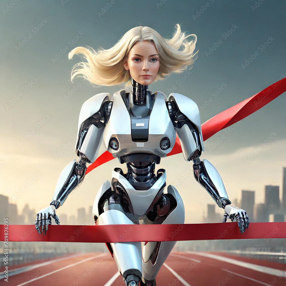 Robot crosses the finish line, finishing red ribbon. Concept of ...