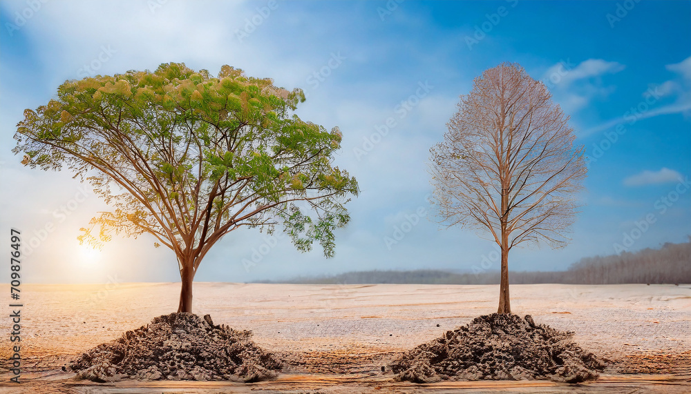 The difference between drought trees to growing trees on the ground ...
