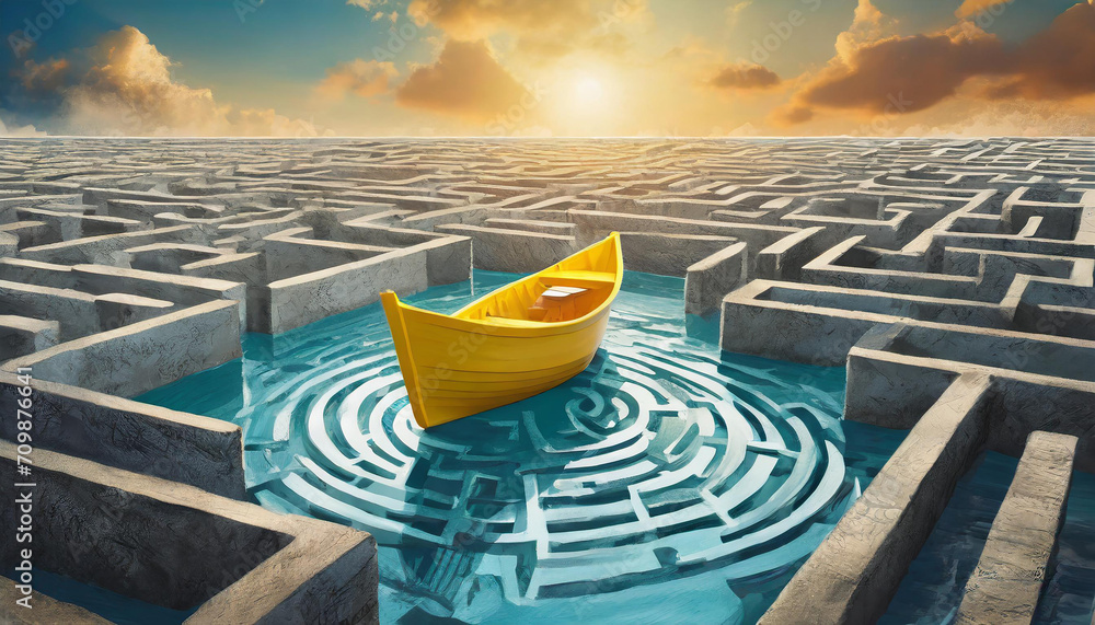 Yellow boat sailing out from maze problem for creative idea and problem ...