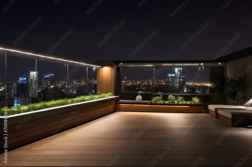 Modern design of rooftop patio with night lights. City view. Beautiful ...