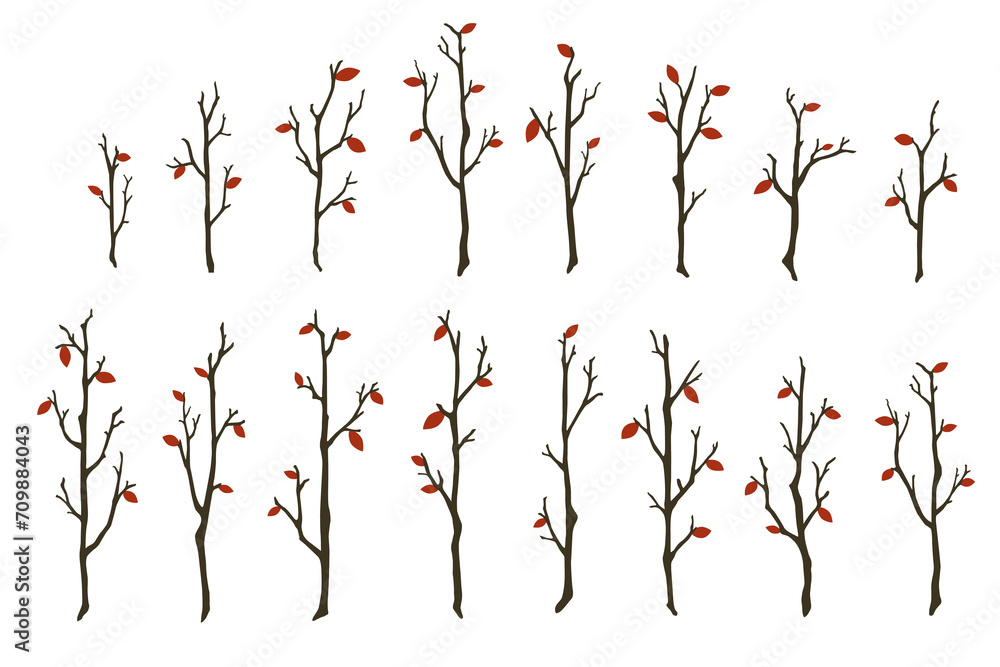 Tree branches set. Hand drawn bare wood sticks with few red leaves ...