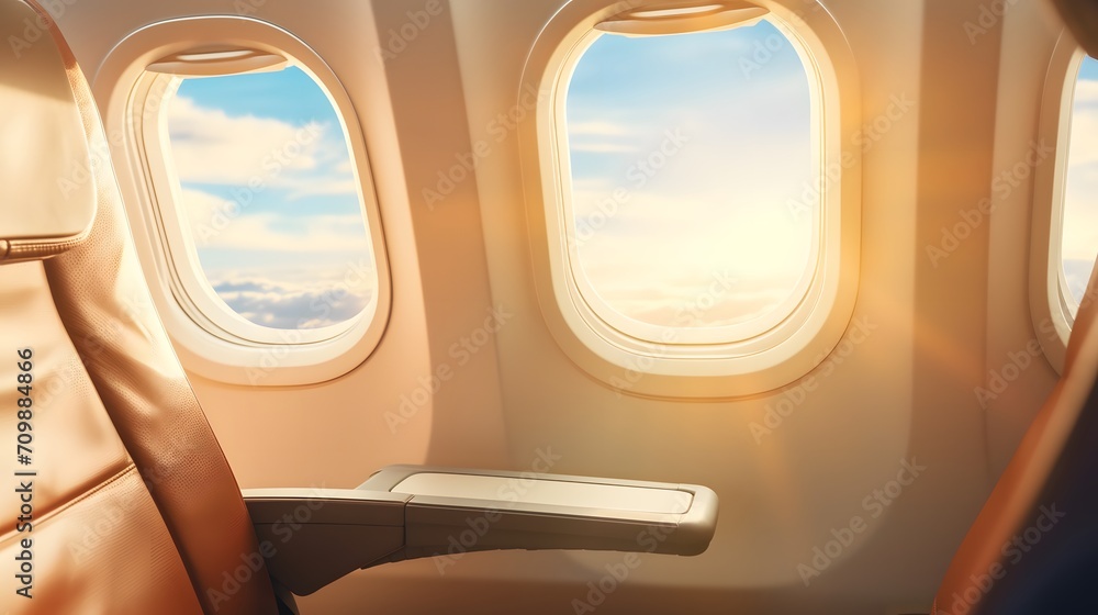 Plane window with white sunlight. Empty plastic airplane tray table at ...