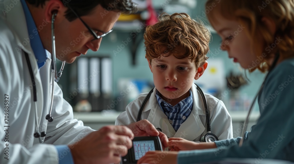 A doctor adjusting an ECG heart monitor for a child to check his heart ...