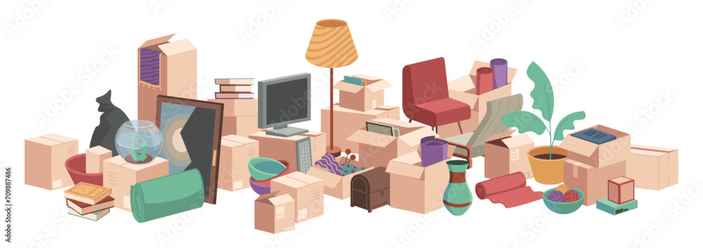 Stuff for relocation. Cartoon moving and relocating service concept ...