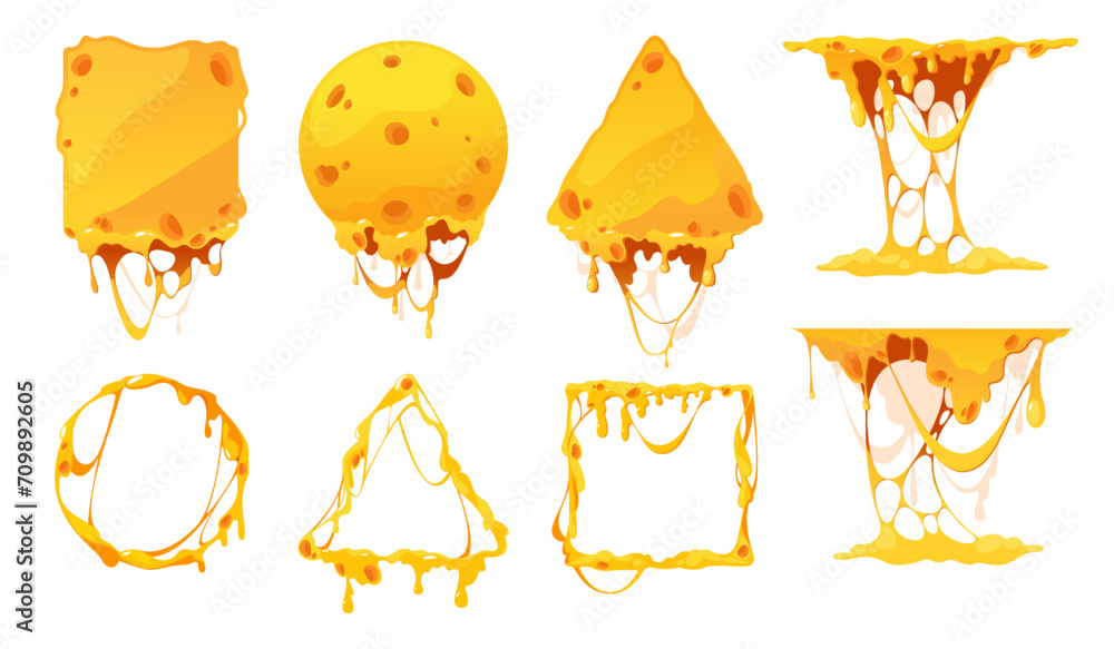 Melted cheese frames. Cartoon melting cheddar slices for fondue ...