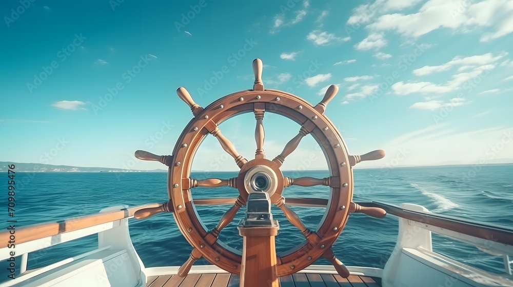 ship wheel on boat with sea and sky. freedom and adventure. direction ...
