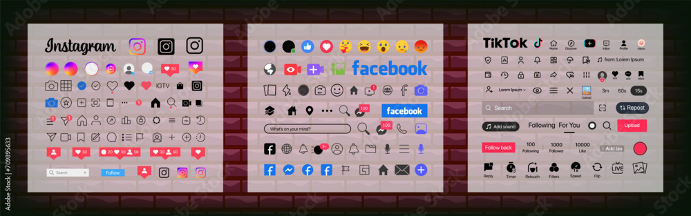 Instagram, Tik Tok, Facebook button icon. Set screen social media and ...
