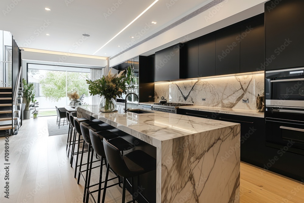 Luxury open plan black kitchen with calcutta marble benchtop Stock ...