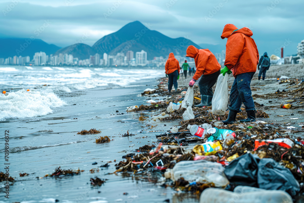 Fotografia do Stock: Voluntarios limpiando playas de residuos plásticos ...